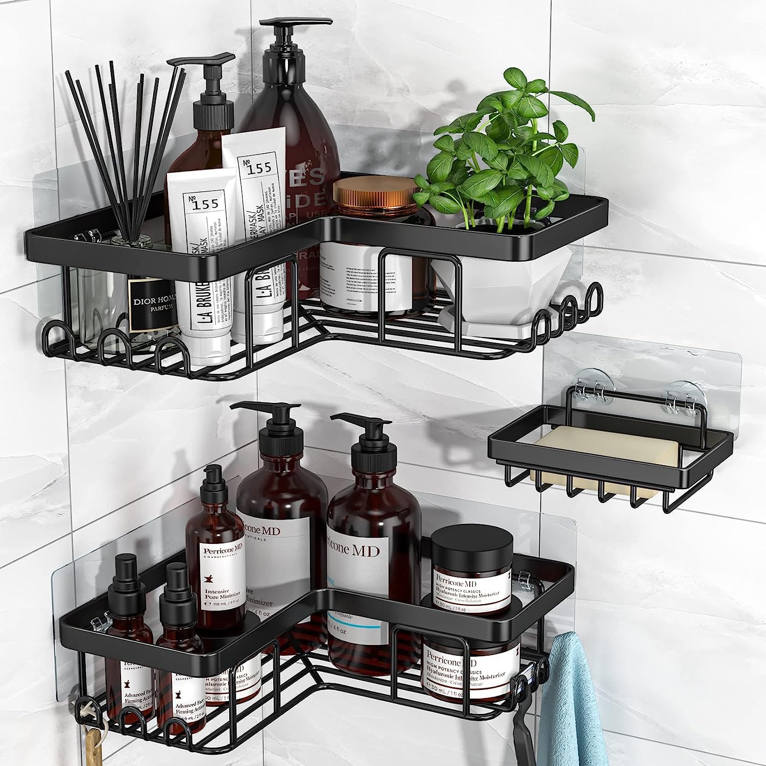 YASONIC Corner Shower Caddy, 3-Pack Adhesive Shower Caddy with Mesh Shower Caddy Portable, Rustproof Stainless Steel Bathroom Shower Organizer, No Drilling Wall Mounted Shower Rack, Bathroom, Black