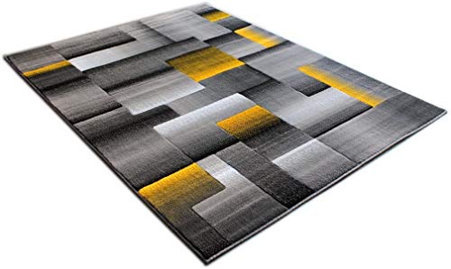 Champion Rugs Modern Contemporary Geometric Cube and Square Yellow Grey Black Design Area Rug (8 Feet X 10 Feet)