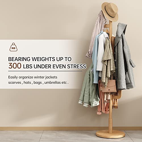 KungFuWood Coat Rack, Solid Wood Cactus Coat Rack Stand, Freestanding Coat Rack with 6 L-shaped Hooks and 3 Adjustable Sizes, Sturdy and Easy to Assemble Coat Tree for Entryway, Bedroom (Natural)