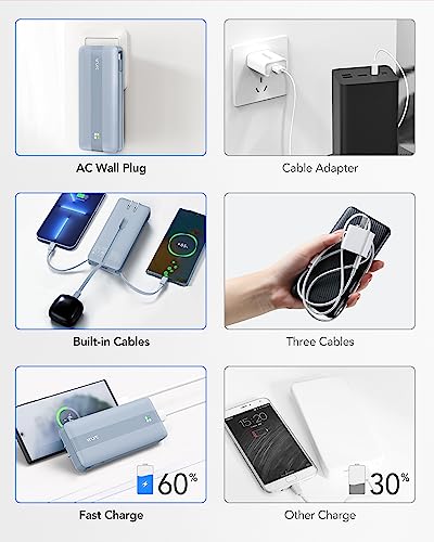 VRURC Portable Charger, 22.5W Fast Charging Power Bank with Built-in Cables & AC Wall Plug, 10000mAh Battery Pack(QC4.0 PD3.0), USB C with 4 Output 2 Input, Compatible with iPhone Samsung etc - Blue