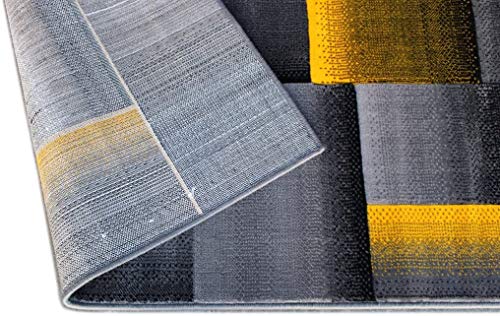 Champion Rugs Modern Contemporary Geometric Cube and Square Yellow Grey Black Design Area Rug (8 Feet X 10 Feet)