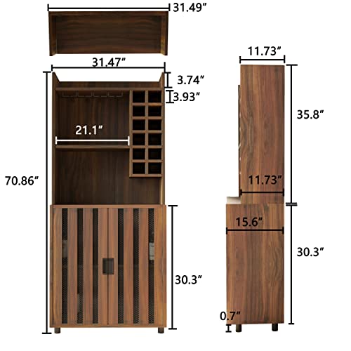 Apepro Wine Bar Cabinet for Liquor and Glasses with 12 Wine Bottle Racks, Kitchen Hutch Storage Cabinet for Living, Dinning Room, Hallway—Doors That Combine Wire Mesh with MDF