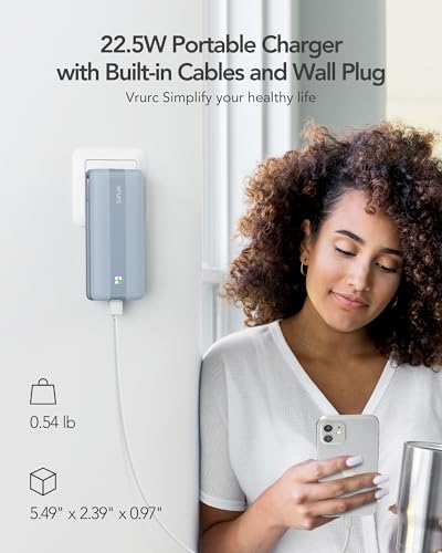 VRURC Portable Charger, 22.5W Fast Charging Power Bank with Built-in Cables & AC Wall Plug, 10000mAh Battery Pack(QC4.0 PD3.0), USB C with 4 Output 2 Input, Compatible with iPhone Samsung etc - Blue