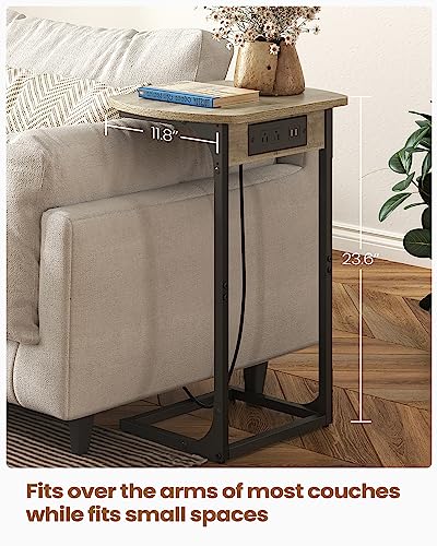 Hzuaneri C Shaped End Table with Charging Station, Bed Side Table with USB Port & Outlet, Couch Table, C Snack Table for Living Room, Bedroom, Greige and Black ET05105B