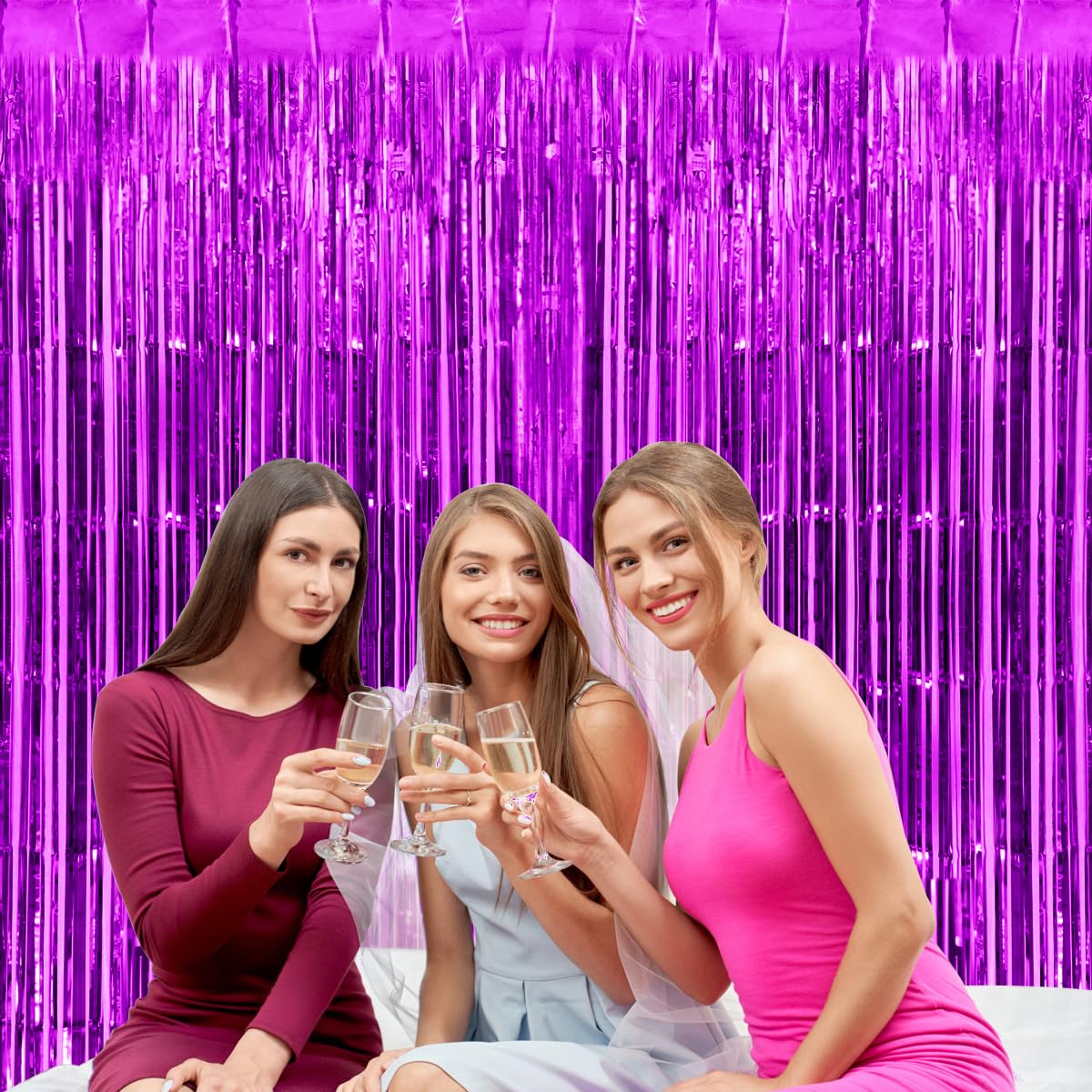 Thicken Purple Foil Fringe Curtains Decorations 3.2x8.2ft - 2 Pack, Photo Backdrop for Birthday Bachelorette Bridal Shower Baby Shower Graduation Party, Party Streams Decor