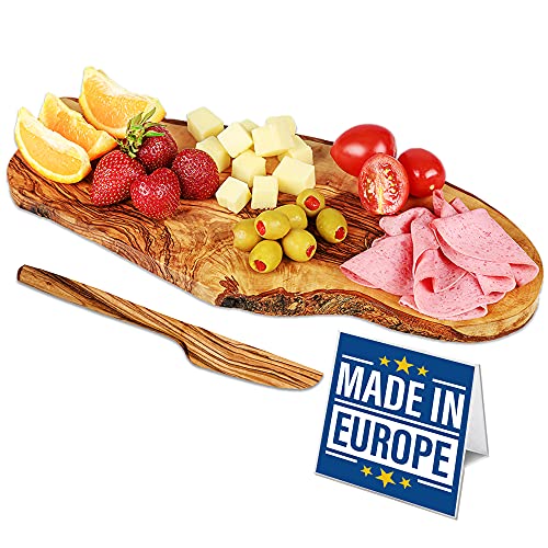 Crystalia Handmade Small Wooden Cutting Board for Kitchen, Natural Olive Wood Cheese Serving Board, Cute Live Edge Cutting Chopping Board with Wooden Spreader for Butter, Jam