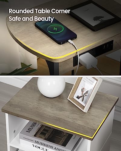 Hzuaneri C Shaped End Table with Charging Station, Bed Side Table with USB Port & Outlet, Couch Table, C Snack Table for Living Room, Bedroom, Greige and Black ET05105B