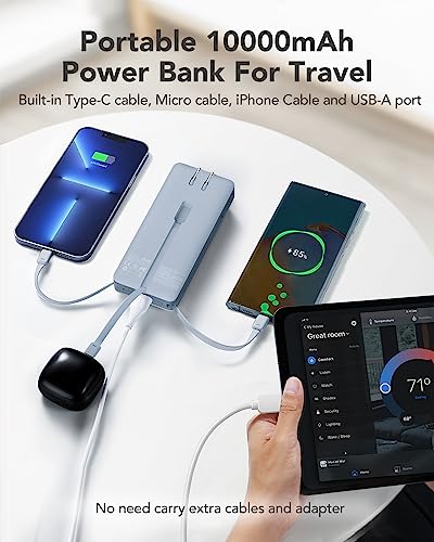 VRURC Portable Charger, 22.5W Fast Charging Power Bank with Built-in Cables & AC Wall Plug, 10000mAh Battery Pack(QC4.0 PD3.0), USB C with 4 Output 2 Input, Compatible with iPhone Samsung etc - Blue