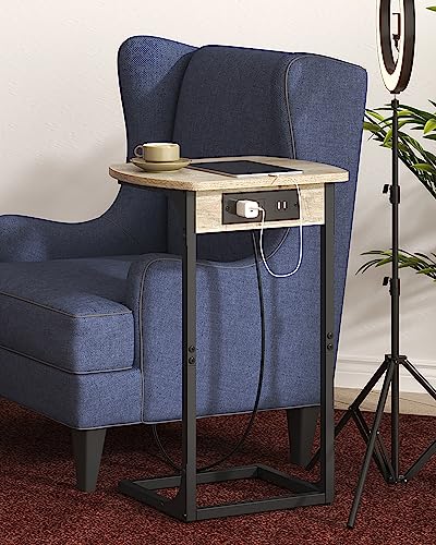 Hzuaneri C Shaped End Table with Charging Station, Bed Side Table with USB Port & Outlet, Couch Table, C Snack Table for Living Room, Bedroom, Greige and Black ET05105B