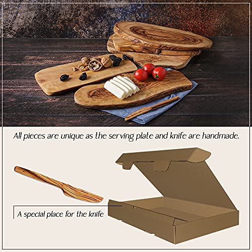 Crystalia Handmade Small Wooden Cutting Board for Kitchen, Natural Olive Wood Cheese Serving Board, Cute Live Edge Cutting Chopping Board with Wooden Spreader for Butter, Jam
