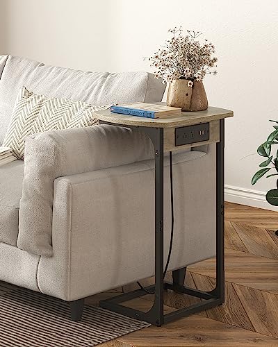 Hzuaneri C Shaped End Table with Charging Station, Bed Side Table with USB Port & Outlet, Couch Table, C Snack Table for Living Room, Bedroom, Greige and Black ET05105B