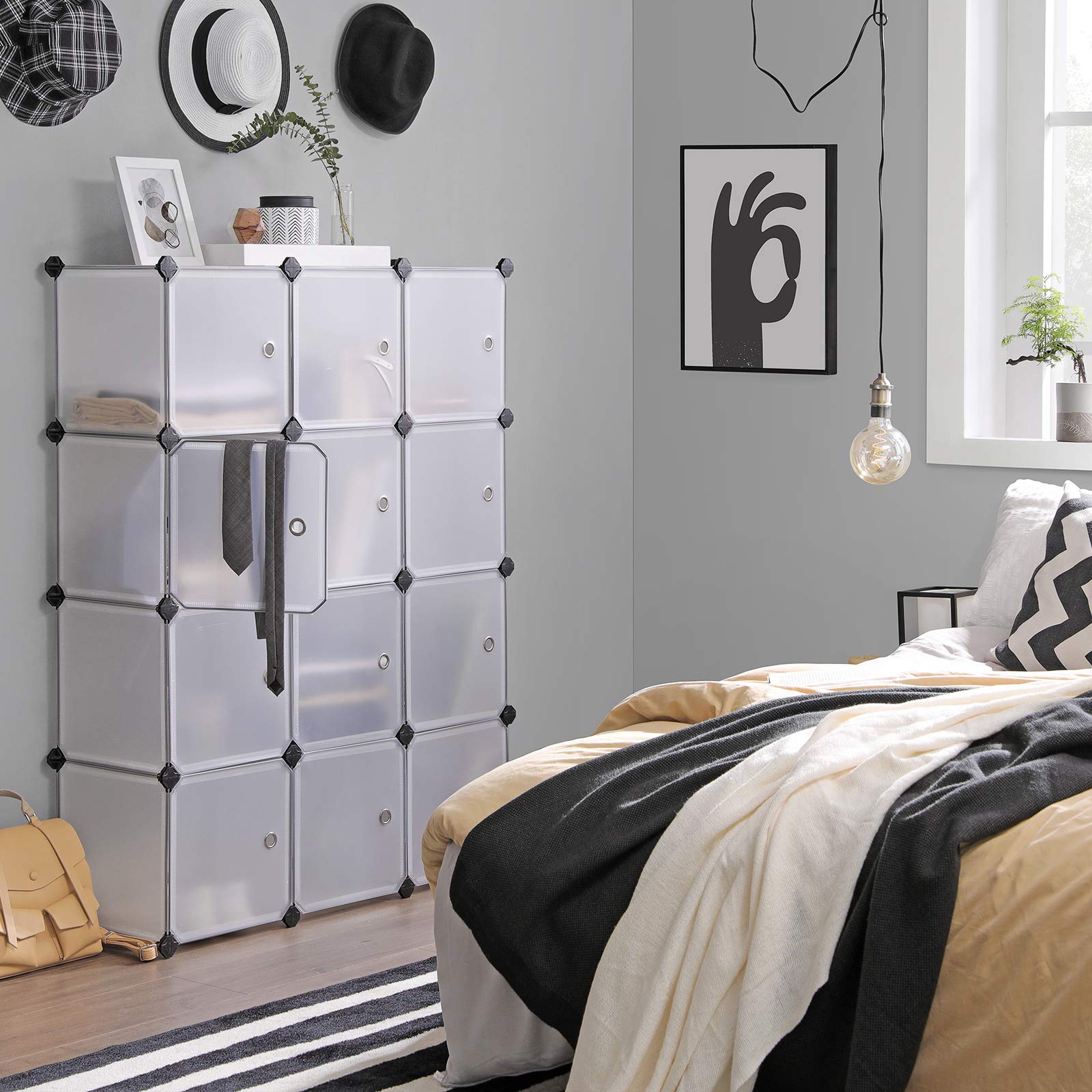 SONGMICS Cube Storage Organizer, Set of 12 Plastic Cubes, Closet Storage Shelves, DIY Plastic Closet Cabinet, Modular Bookcase, Shelving with Doors for Bedroom, Living Room, White ULPC342W01