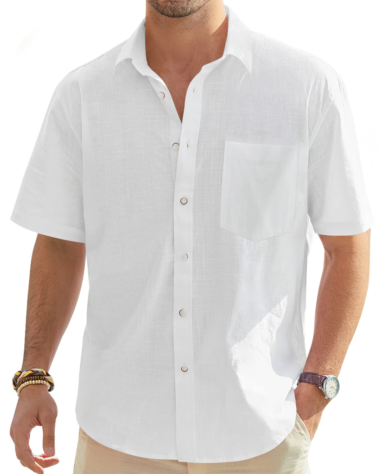 J.VER Men's Half Sleeve Linen Shirt Solid Casual Button Down Shirts Summer Beach T-Shirt with Pocket White X-Large
