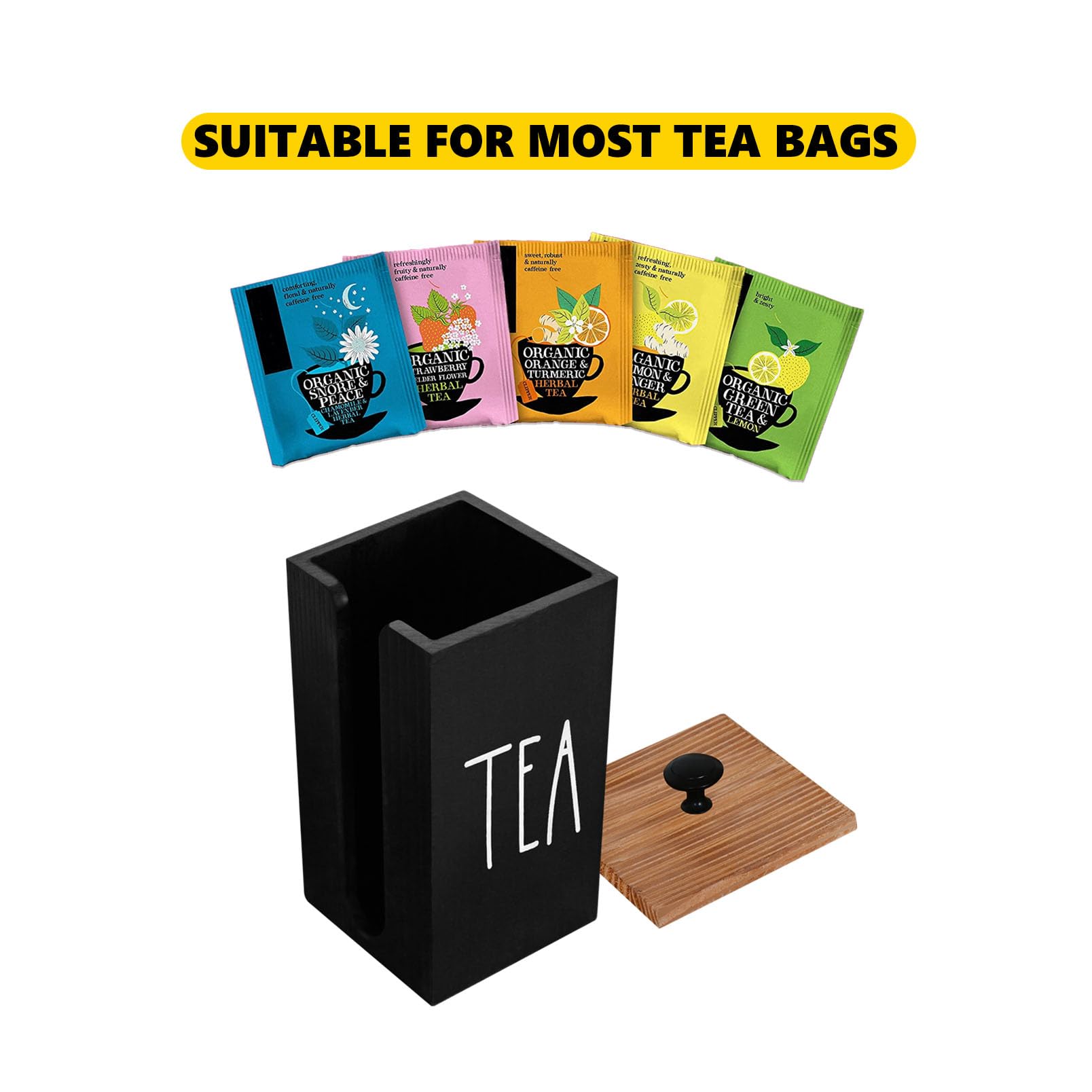 Tea Bag Holder, Farmhouse Tea Caddy, Wood Tea Bag Storage Organizer, Tea Containers with Lid, Tea Bag Dispenser, Tea Canister, Tea Accessories, Great for Tea Bars and Tea Gifts (Black)