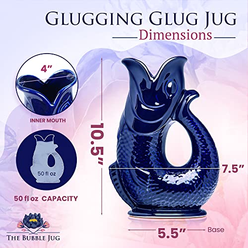 The Bubble Jug® Dark Cobalt Blue 50 fl oz 1.5L Litre Extra Large Glug Gurgle Pitcher Jug - Fish Shaped Jug - Decorative Ceramic Glugging Cocktail, Water and Gin Jug and Gurgling Carafe Pot