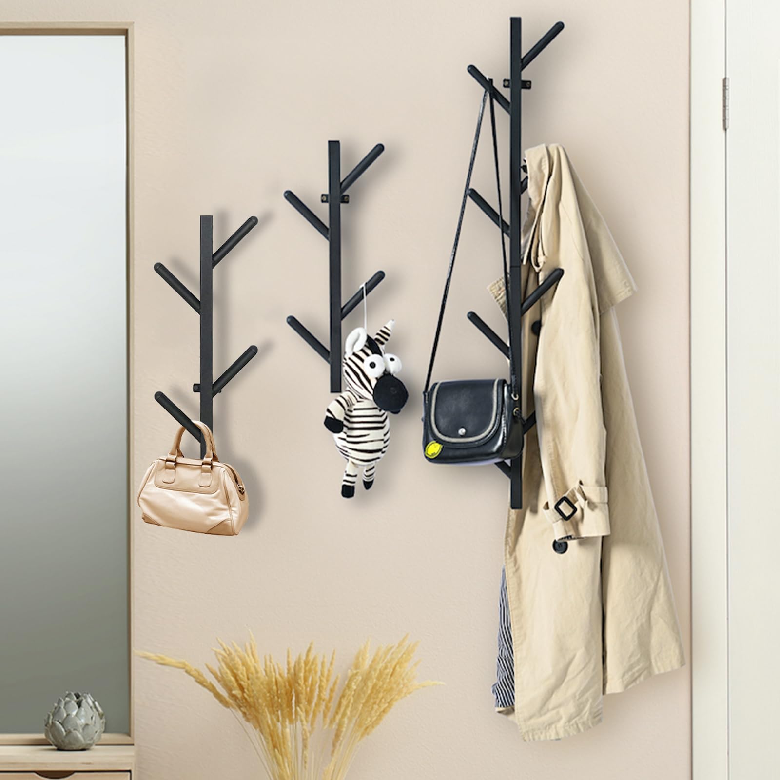 Sinytar Black Coat Rack Wall Mount Set of 2, Hat Rack for Wall, Modern Design Floating Coat Rack, Coat Tree for Clothes, Scarves, Bags, Caps, Metal Vertical Hooks for Living Room, Bedroom, Entryway