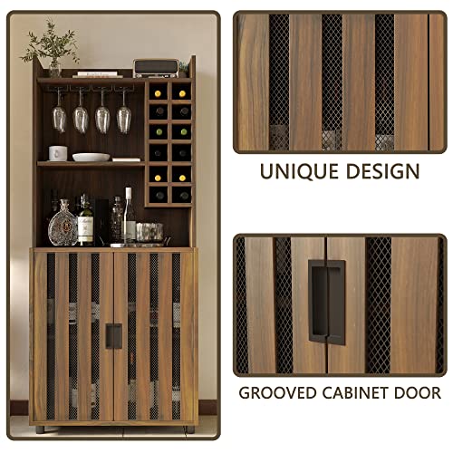Apepro Wine Bar Cabinet for Liquor and Glasses with 12 Wine Bottle Racks, Kitchen Hutch Storage Cabinet for Living, Dinning Room, Hallway—Doors That Combine Wire Mesh with MDF