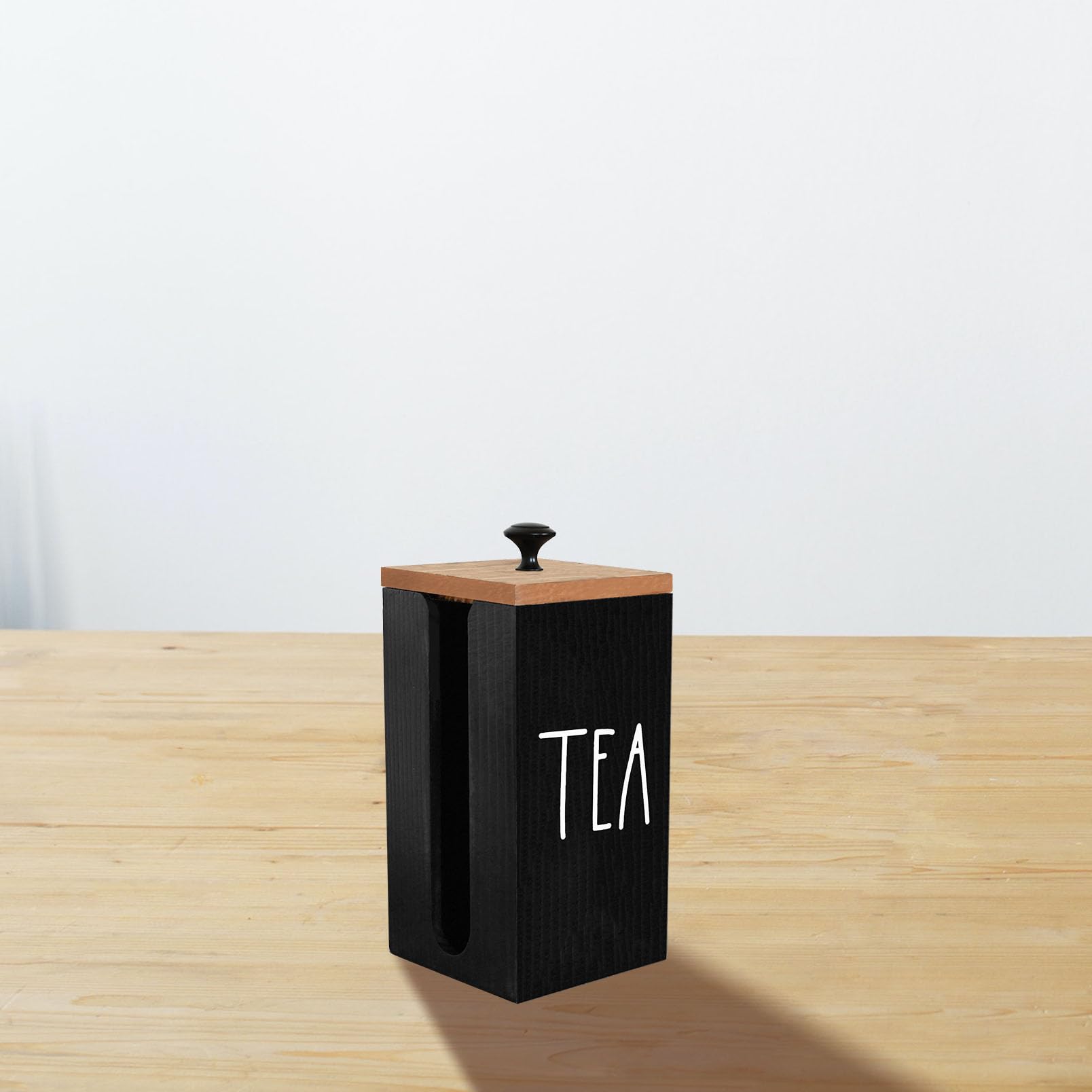 Tea Bag Holder, Farmhouse Tea Caddy, Wood Tea Bag Storage Organizer, Tea Containers with Lid, Tea Bag Dispenser, Tea Canister, Tea Accessories, Great for Tea Bars and Tea Gifts (Black)