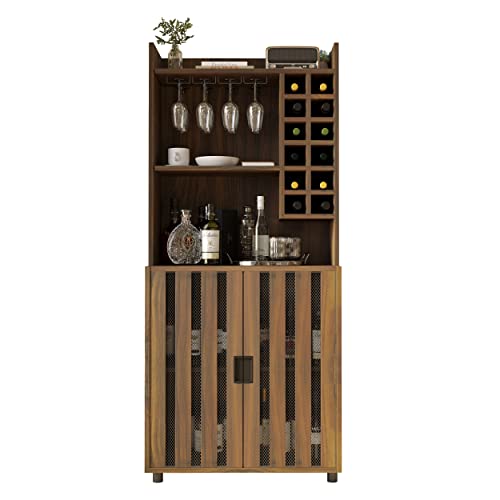 Apepro Wine Bar Cabinet for Liquor and Glasses with 12 Wine Bottle Racks, Kitchen Hutch Storage Cabinet for Living, Dinning Room, Hallway—Doors That Combine Wire Mesh with MDF