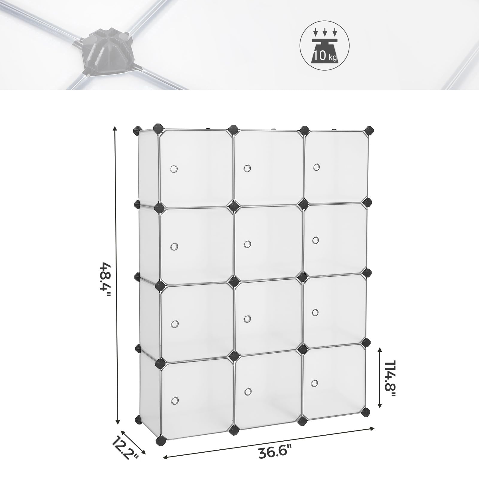 SONGMICS Cube Storage Organizer, Set of 12 Plastic Cubes, Closet Storage Shelves, DIY Plastic Closet Cabinet, Modular Bookcase, Shelving with Doors for Bedroom, Living Room, White ULPC342W01