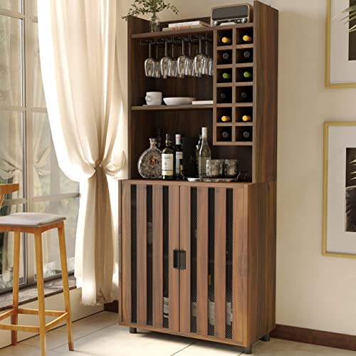 Apepro Wine Bar Cabinet for Liquor and Glasses with 12 Wine Bottle Racks, Kitchen Hutch Storage Cabinet for Living, Dinning Room, Hallway—Doors That Combine Wire Mesh with MDF