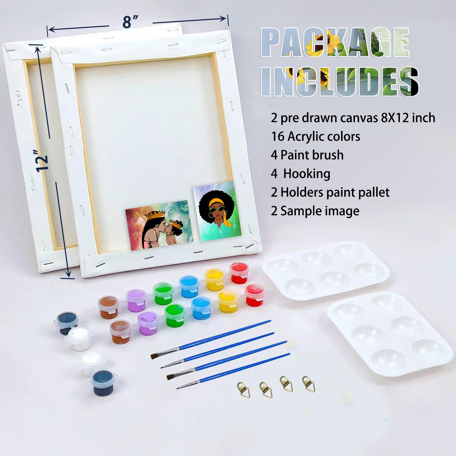 2 Pack 8x12 Canvas Painting |Pre Drawn Canvas| Pre Drawn Stretched Cotton Canvas | Afro Queen 2 |Acrylic Oil Painting Set On Canvas for Childrens & Beginners| Birthday Gift
