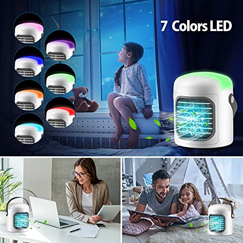 Portable Air Conditioner 4 in 1 Personal Air Cooler Fan with 4 Ice Tray USB Rechargeable Mini Quiet Evaporative Humidifier with 7 LED Light Battery Operated 3 Wind Speed Desktop Cooler for Home/Office