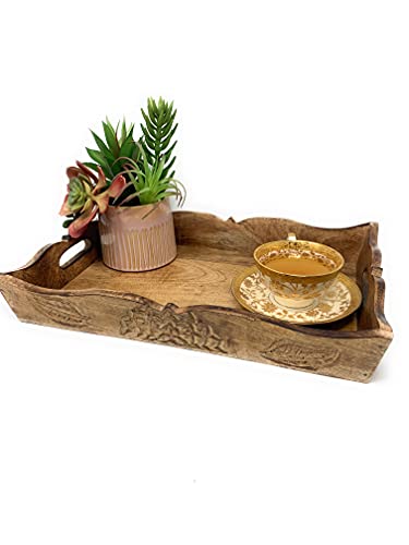 Snuglily Rustic Rectangle Farmhouse Tray Decorative Tray Hand Carved Soild Wood Antique Handcrafted Tray Ottoman Rectangle Tray 15 inch x 11 inch