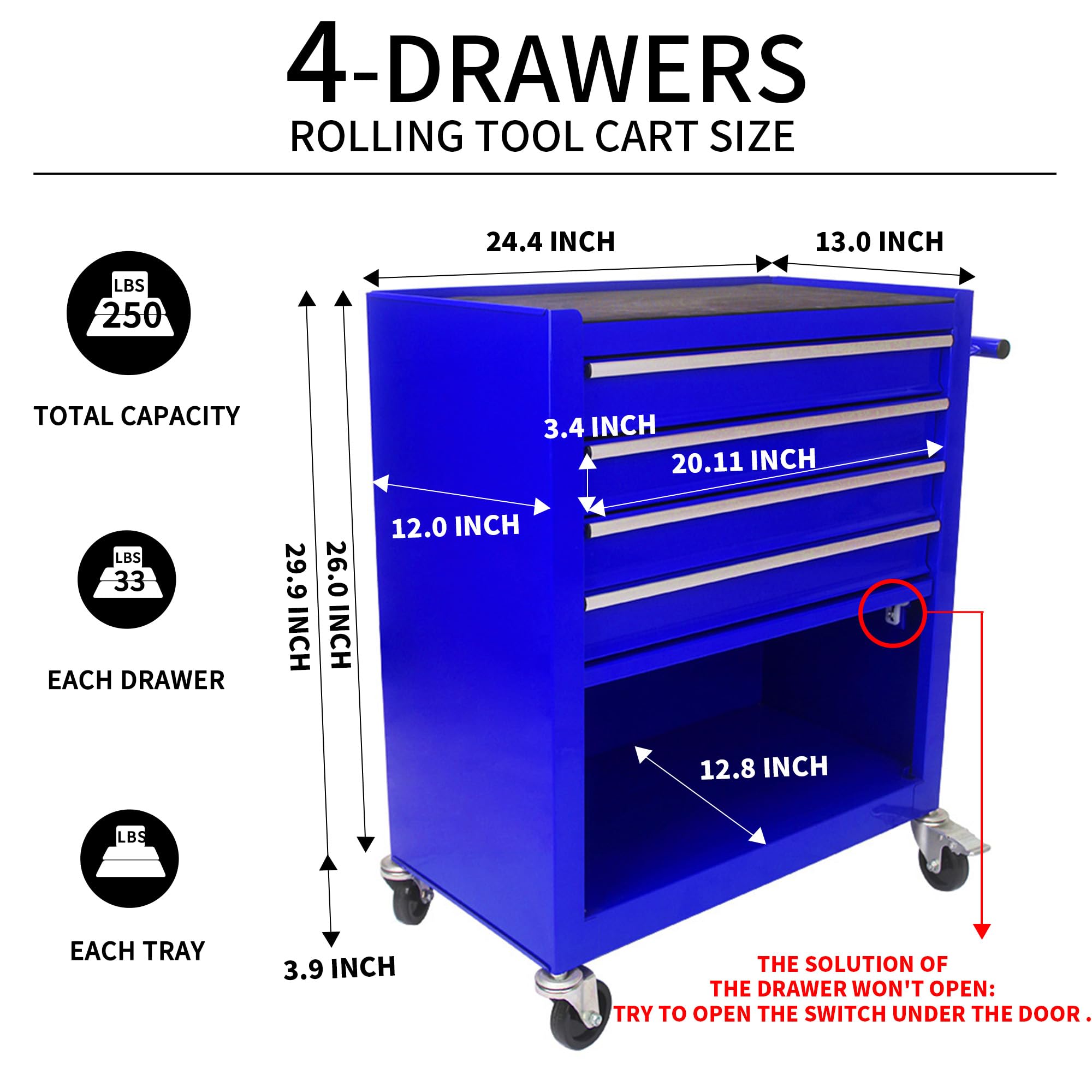 Tool Cart on Wheels 24.4in,4 Drawers Rolling Tool Box,Locked Drawers Storage Organizer Cabinet for Garage, Warehouse, Repair Shop, Workshop