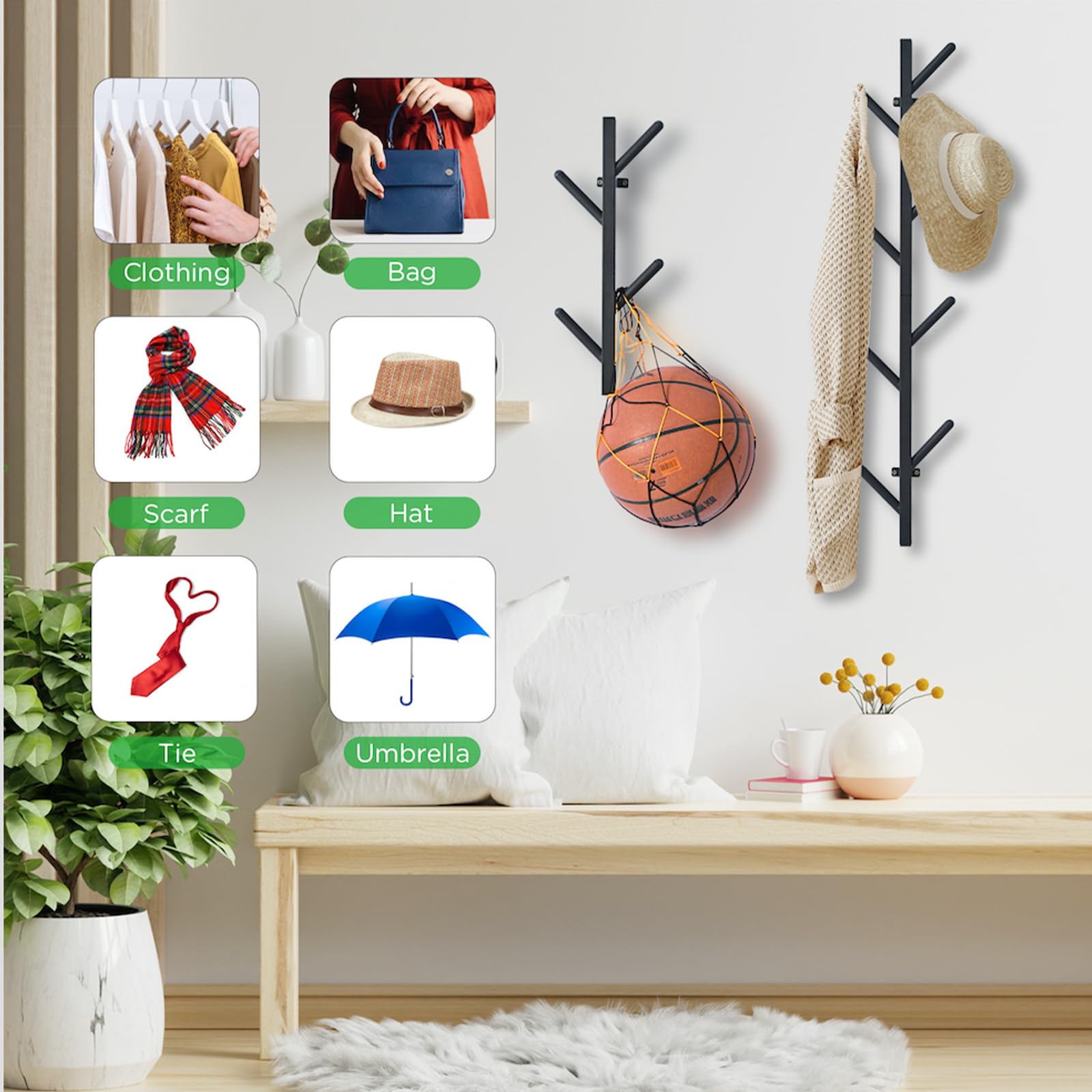 Sinytar Black Coat Rack Wall Mount Set of 2, Hat Rack for Wall, Modern Design Floating Coat Rack, Coat Tree for Clothes, Scarves, Bags, Caps, Metal Vertical Hooks for Living Room, Bedroom, Entryway