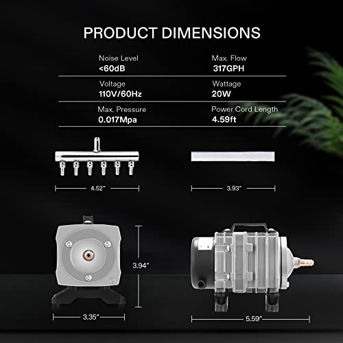VIVOSUN 317-1750GPH Commercial Air Pump 20W-102W and Air Stone Disc 4 x 4 Inch with Shell and Sucker for Aquarium, Fish Tank and Hydroponics Air Pump