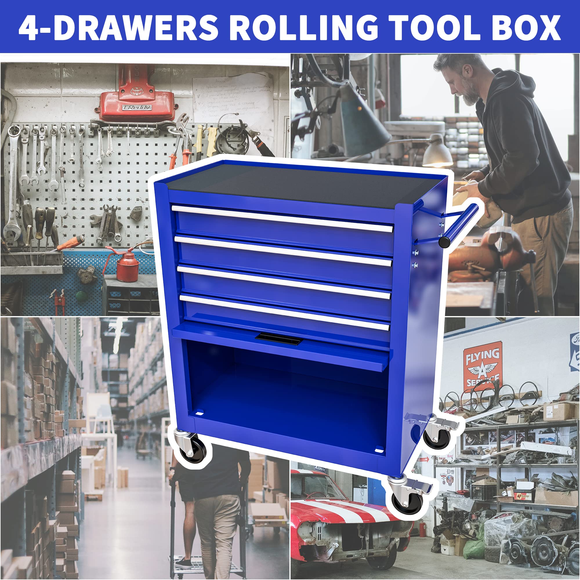 Tool Cart on Wheels 24.4in,4 Drawers Rolling Tool Box,Locked Drawers Storage Organizer Cabinet for Garage, Warehouse, Repair Shop, Workshop