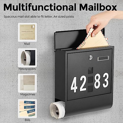 LAND·VOI Locking Mailbox with 4 Keys, Wall Mounted Metal Postbox,Nameplate, Newspaper Holder, Easy to Install, 3.4 x 11.8 x 13.3 Inches, Includes Vinyl Mailbox Numbers, Matt Black