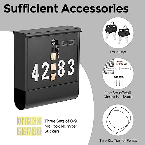 LAND·VOI Locking Mailbox with 4 Keys, Wall Mounted Metal Postbox,Nameplate, Newspaper Holder, Easy to Install, 3.4 x 11.8 x 13.3 Inches, Includes Vinyl Mailbox Numbers, Matt Black