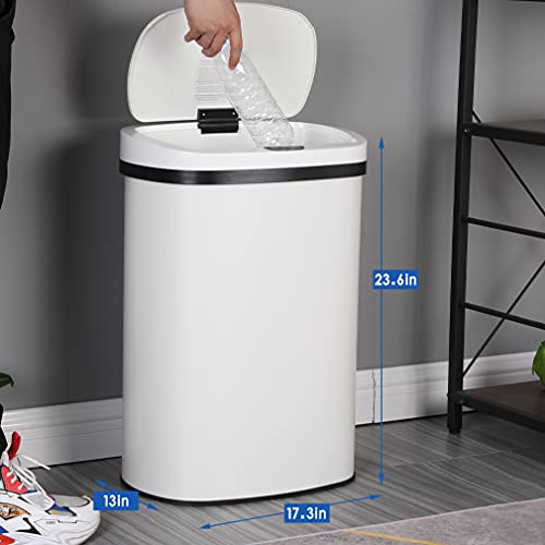 Hkeli 13 Gallon50 Liter Garbage Can Automatic Trash Kitchen Touch Free High Capacity with Lid Brushed Stainless Steel Waste Bin for Bathroom Bedroom Home Office (White), 17.3 x 13 x 23.6 inches
