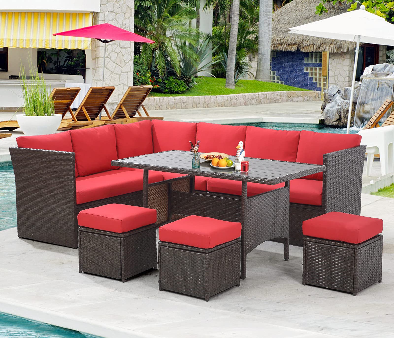 AECOJOY 7 Pieces Patio Furniture Set with Table, Outdoor Patio Furniture, Outdoor Dining Sectional Sofa with Table&Chair, Brown Rattan&Red Cushion