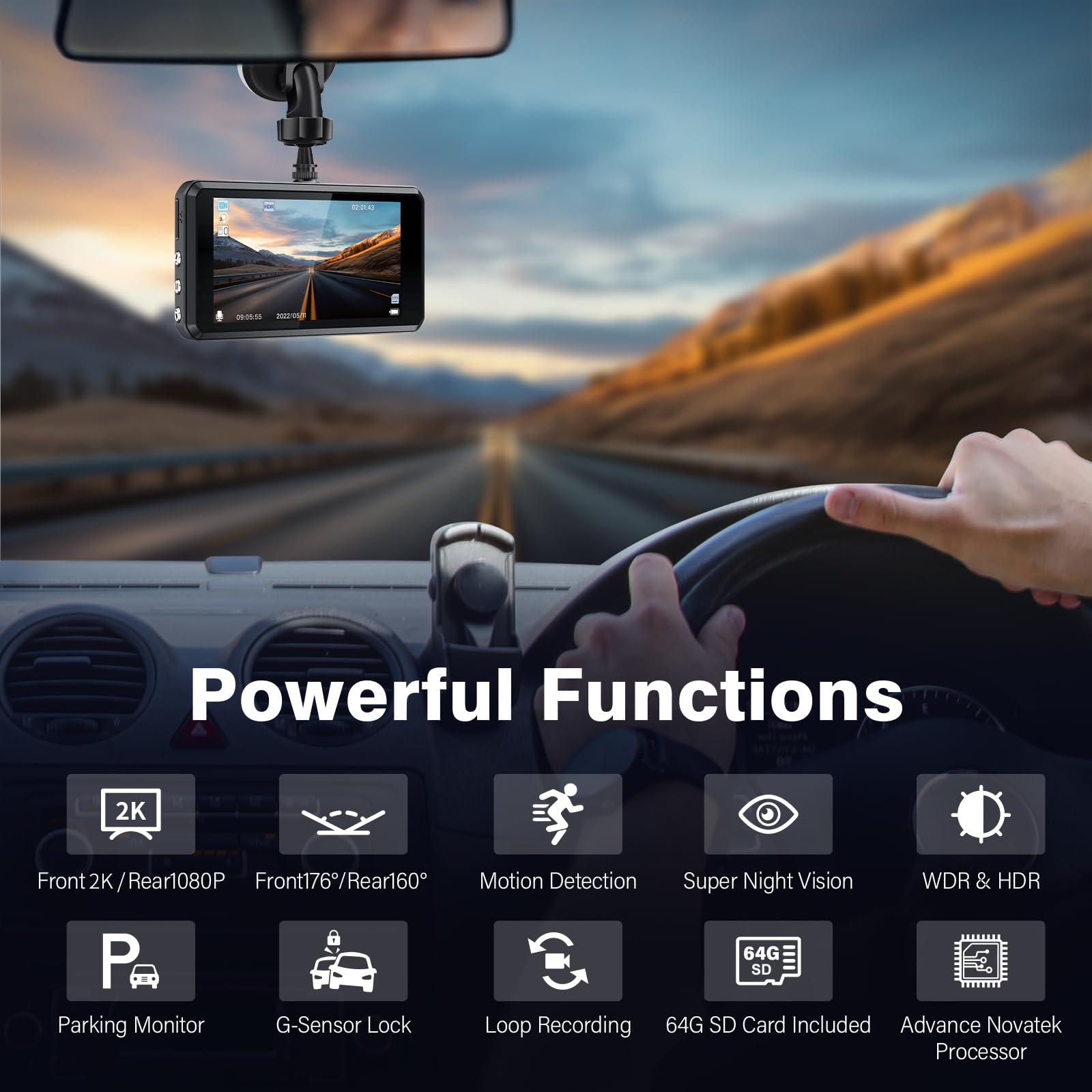 SHRINLUCK 2K Dual Dash Camera for Cars, Free 64G SD Card, FHD 2K+1080P Dash Cam Front and Rear,3.2'' IPS Screen,176° Wide Angle Dashcam,24H Parking Monitor,G-Sensor,Loop Recording,Night Vision,WDR