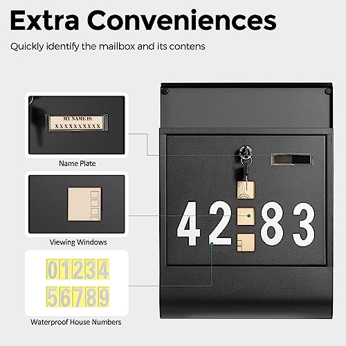 LAND·VOI Locking Mailbox with 4 Keys, Wall Mounted Metal Postbox,Nameplate, Newspaper Holder, Easy to Install, 3.4 x 11.8 x 13.3 Inches, Includes Vinyl Mailbox Numbers, Matt Black