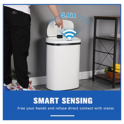 Hkeli 13 Gallon50 Liter Garbage Can Automatic Trash Kitchen Touch Free High Capacity with Lid Brushed Stainless Steel Waste Bin for Bathroom Bedroom Home Office (White), 17.3 x 13 x 23.6 inches