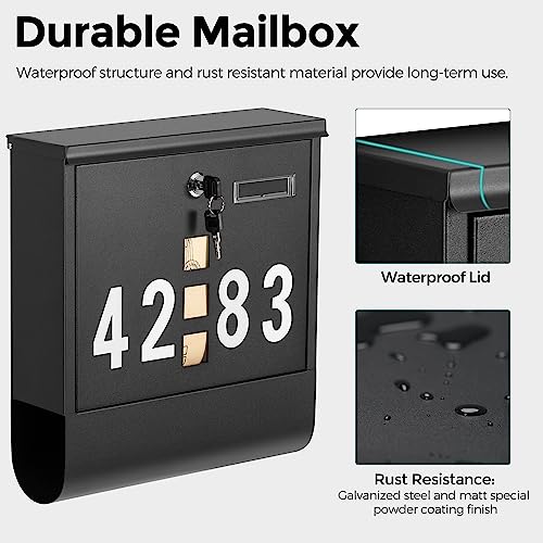 LAND·VOI Locking Mailbox with 4 Keys, Wall Mounted Metal Postbox,Nameplate, Newspaper Holder, Easy to Install, 3.4 x 11.8 x 13.3 Inches, Includes Vinyl Mailbox Numbers, Matt Black