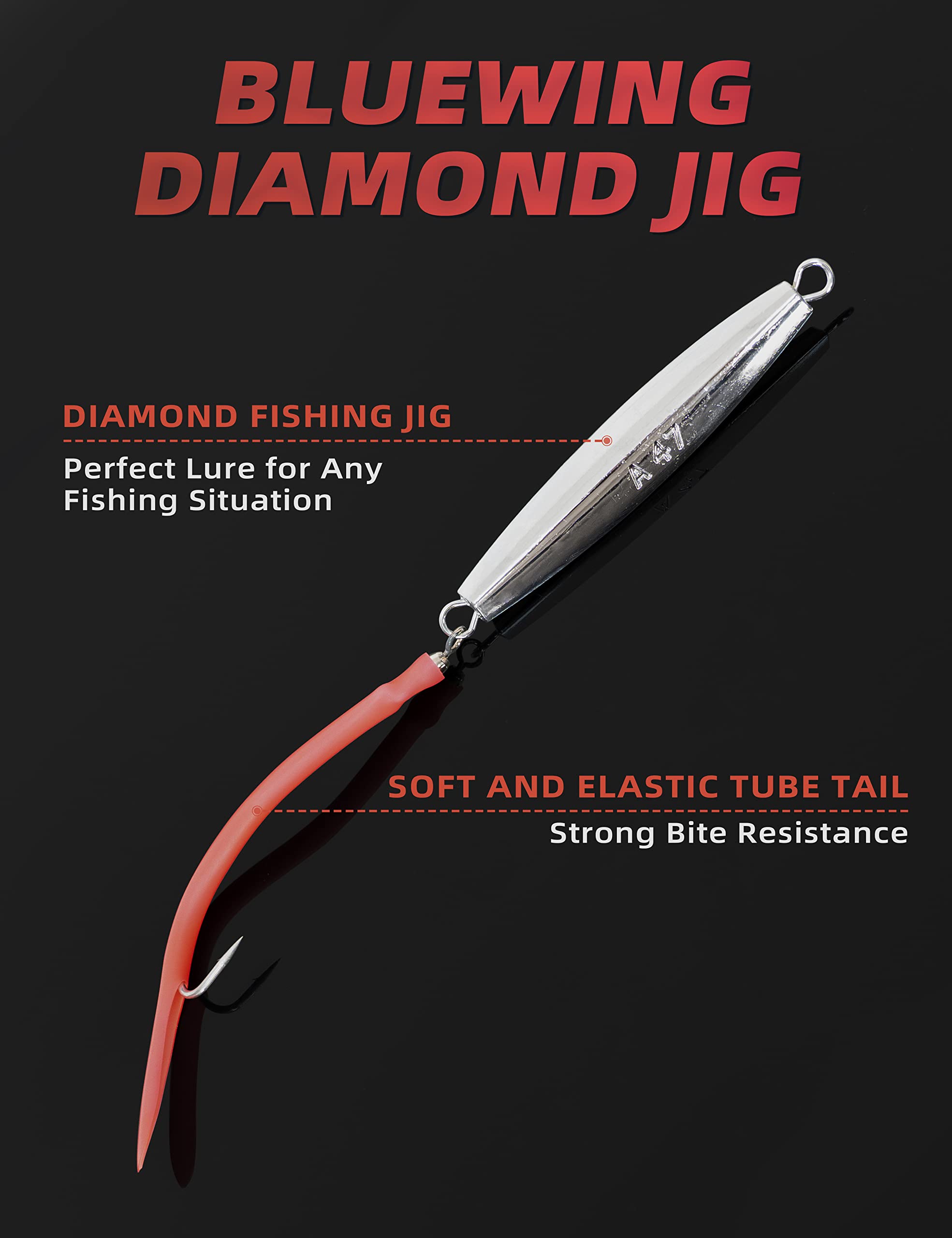 BLUEWING Diamond Jigs Fishing Saltwater Lure with Split Tube Tail and Stainless Steel Hook, 3oz, Red, 1pc