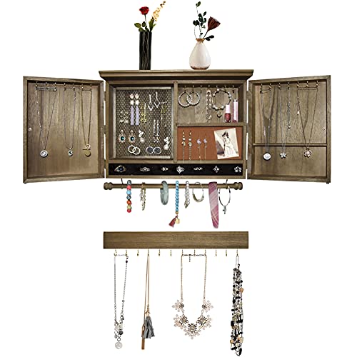 JOYSFIT Rustic Wall Mounted Jewelry Organizer with Wooden Barndoor Decor,Wooden Wall Mount Holder,Jewelry holder for Necklaces, Earings, Bracelets, Ring Holder(NATURAL WOOD)