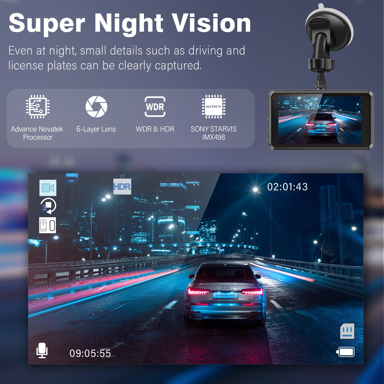 SHRINLUCK 2K Dual Dash Camera for Cars, Free 64G SD Card, FHD 2K+1080P Dash Cam Front and Rear,3.2'' IPS Screen,176° Wide Angle Dashcam,24H Parking Monitor,G-Sensor,Loop Recording,Night Vision,WDR