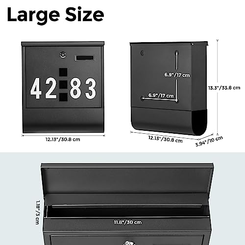 LAND·VOI Locking Mailbox with 4 Keys, Wall Mounted Metal Postbox,Nameplate, Newspaper Holder, Easy to Install, 3.4 x 11.8 x 13.3 Inches, Includes Vinyl Mailbox Numbers, Matt Black