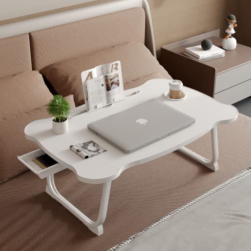 Foldable Laptop Bed Table Lap Desk Stand, Serving Tray Dining Table with Slot, with Foldable Legs & Cup Slot,Notebook Stand Holder, Working, Watching Movie on Bed/Couch/Sofa/Floor (White)