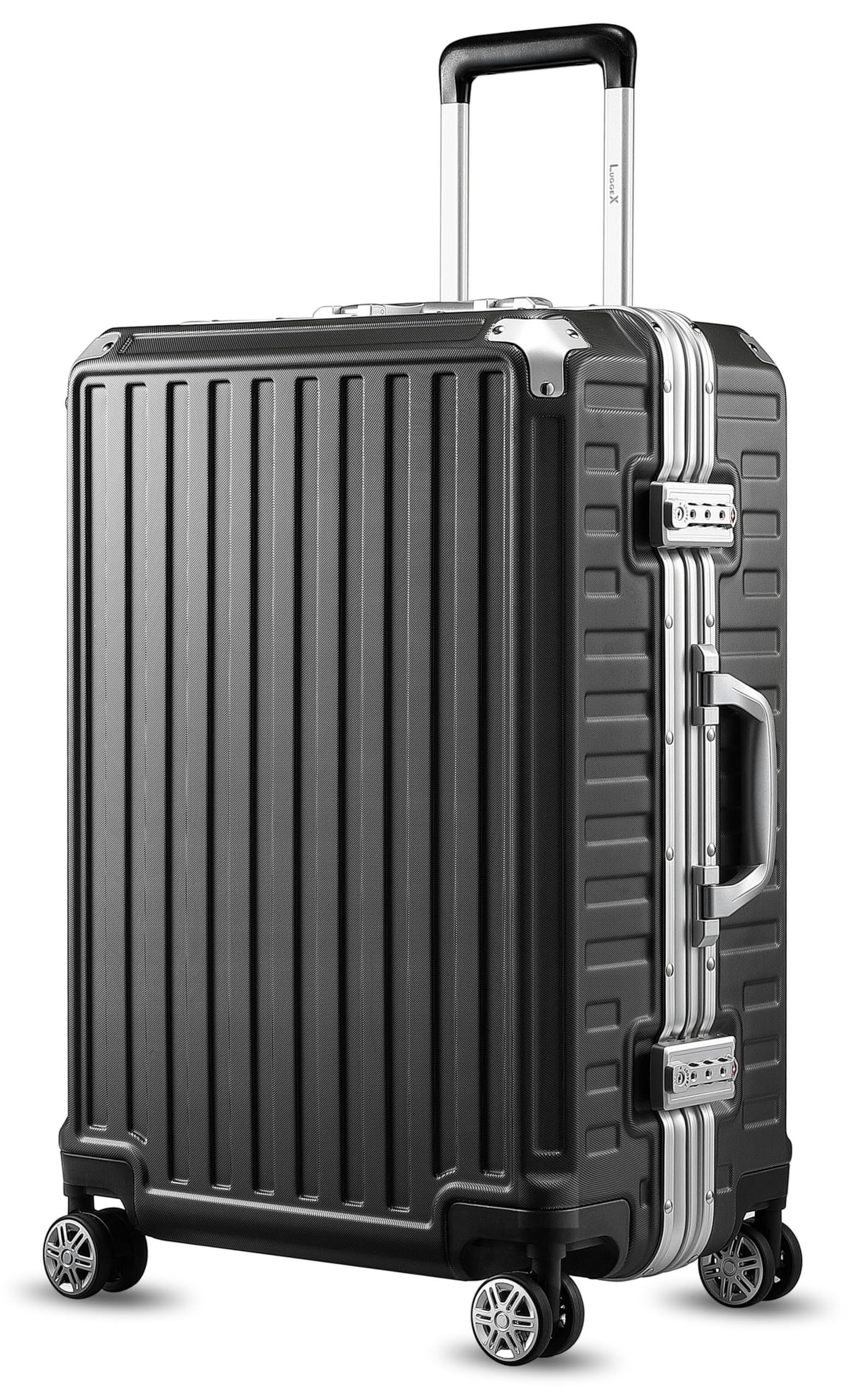 LUGGEX 24 Inch Luggage with Aluminum Frame, 61L Polycarbonate Zipperless Checked Medium Luggage, Black Hard Shell Suitcase 4 Metal Corner