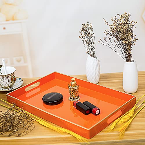 MAONAME Orange Serving Tray with Handles, Modern Decorative Tray for Coffee Table, Plastic Rectangular Tray for Ottoman, Bathroom, Halloween Decor, 15.75β x 10.2β x1.57