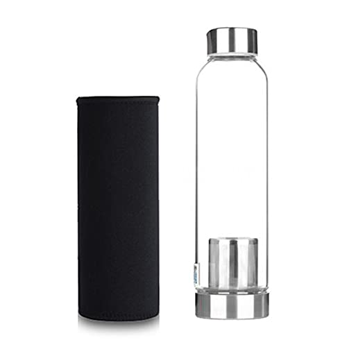 NC Glass Water Bottles with Infuser Strainer 18oz Glass Water Bottle with Stainless Steel Filter Leak Proof Tea Tumbler with Nylon Protective Sleeve (Black, 18OZ)