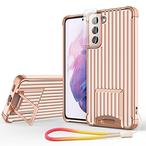 PTUONIU Kickstand Case for Samsung Galaxy S21 5G, [Two-Way Stand] [Reinforced Drop Protection] [Anti-Scratch] Slim Shockproof Stand Case with Camera Protector+Silicone Strap for Samsung S21- Gold