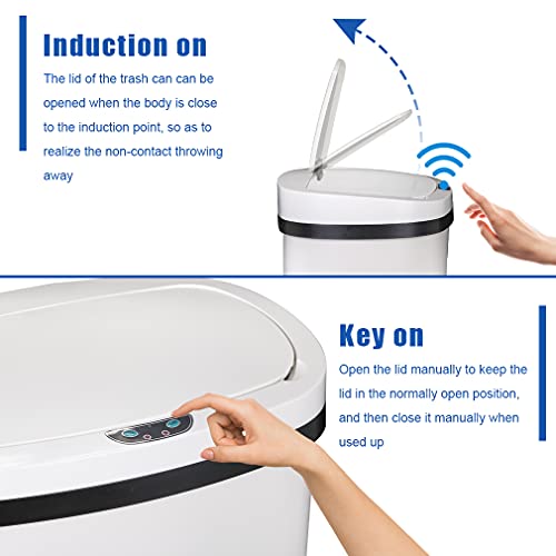 Hkeli 13 Gallon50 Liter Garbage Can Automatic Trash Kitchen Touch Free High Capacity with Lid Brushed Stainless Steel Waste Bin for Bathroom Bedroom Home Office (White), 17.3 x 13 x 23.6 inches